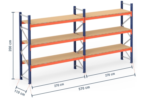 5,7 m pallet racking PR9000 / 110 cm deep / 2 m high / 3 levels / rack ...