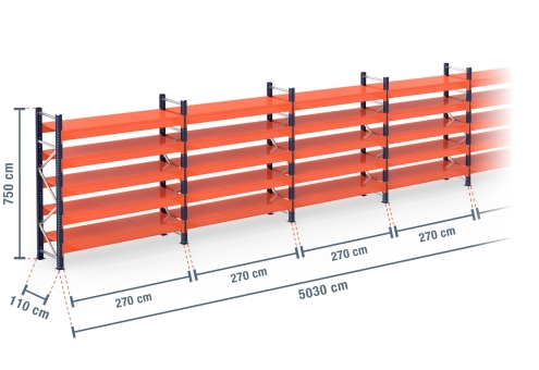 50,3 m pallet racking PR15000 / 110 cm deep / 7,5 m high / 5 levels ...